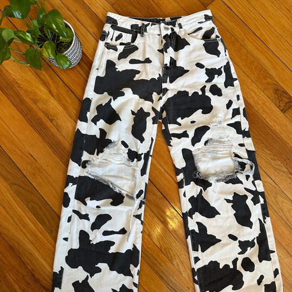 SHEIN | Jeans | Distressed Cow Print Wide Leg Jeans | Poshmark